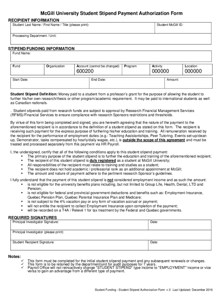 Fillable Online Student Stipend Payment Authorization Form Fax Email ...