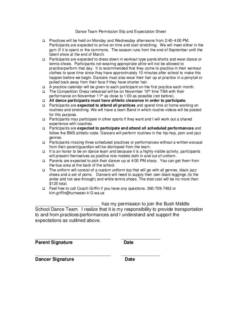 Fillable Online WA Tumwater School District Dance Team Permission Slip ...