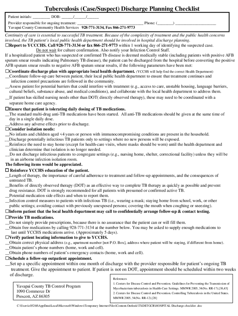 Fillable Online Tuberculosis (Case/Suspect) Discharge Planning ...
