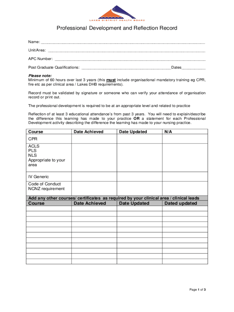 Fillable Online Professional Development and Reflection Record - Lakes ...