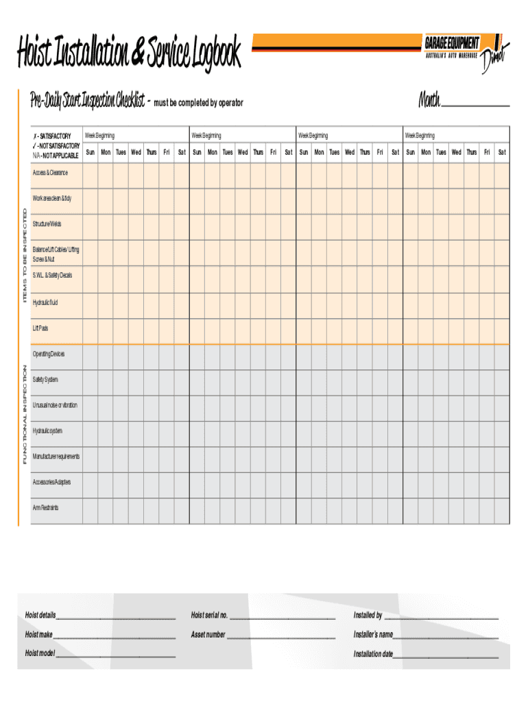 Fillable Online Hoist Installation & Service Logbook - Garage Equipment ...