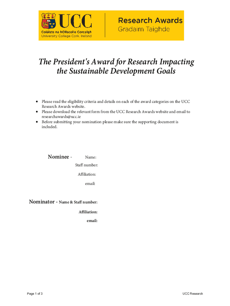 Fillable Online UCC Research AwardsThe President's Award for Research Impacting the Sustainable ...