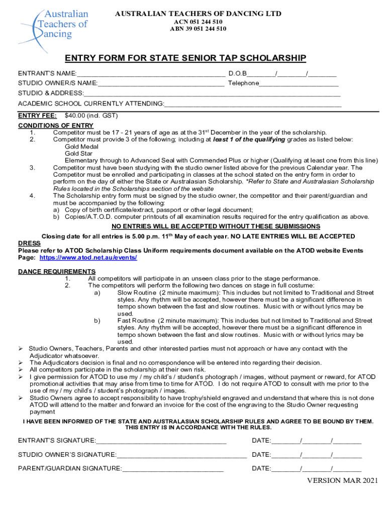 Fillable Online ENTRY FORM FOR STATE SENIOR TAP SCHOLARSHIP Fax Email ...