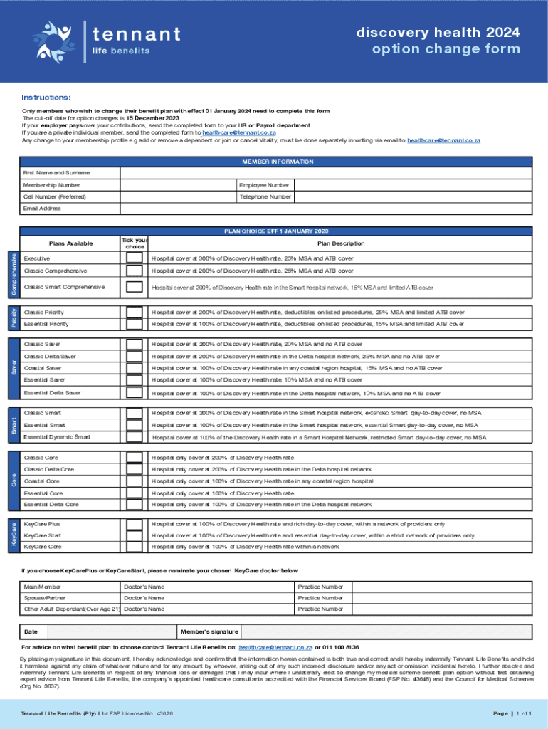 Fillable Online discovery health 2024 option change form Fax Email ...