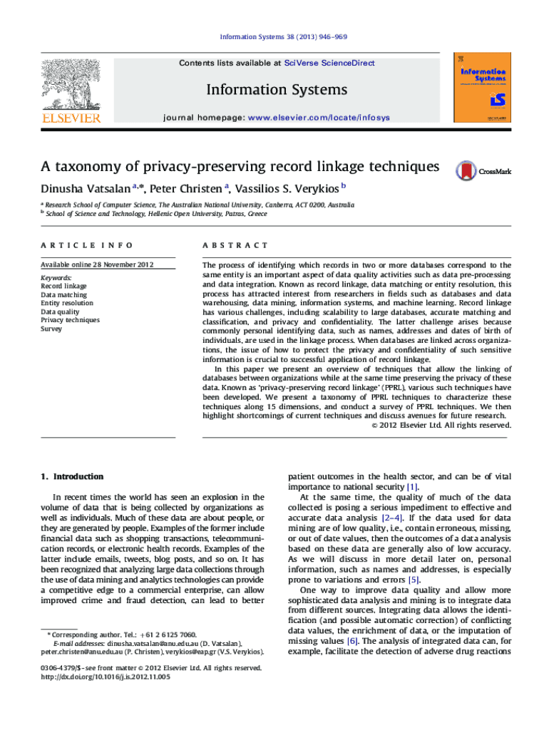 Fillable Online A Taxonomy Of Privacy Preserving Record Linkage