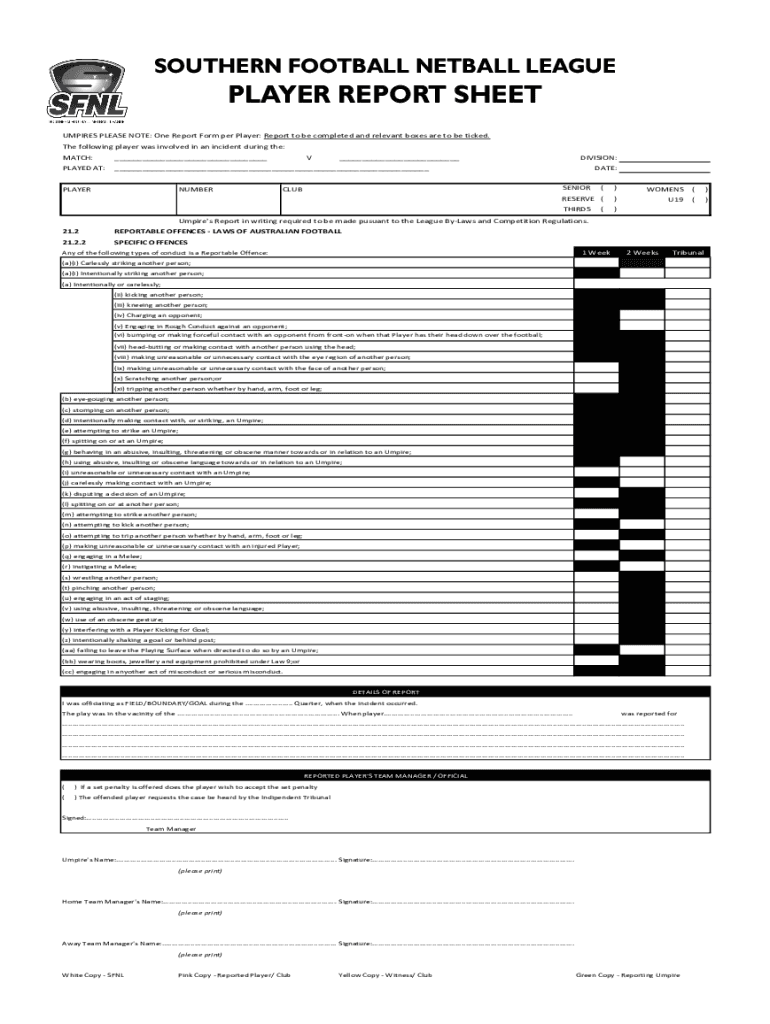 Fillable Online PLAYER REPORT SHEET Fax Email Print - pdfFiller