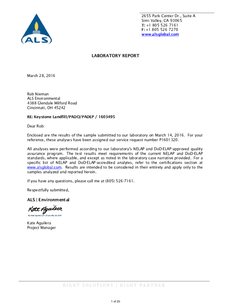 Fillable Online files dep state pa ALS Environmental, 2655 Park Center ...