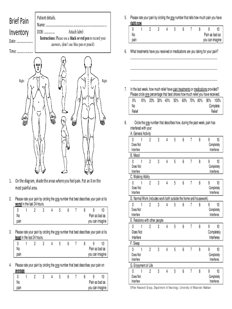Fillable Online Brief Pain Inventory (Short Form)PDF Fax Email Print ...