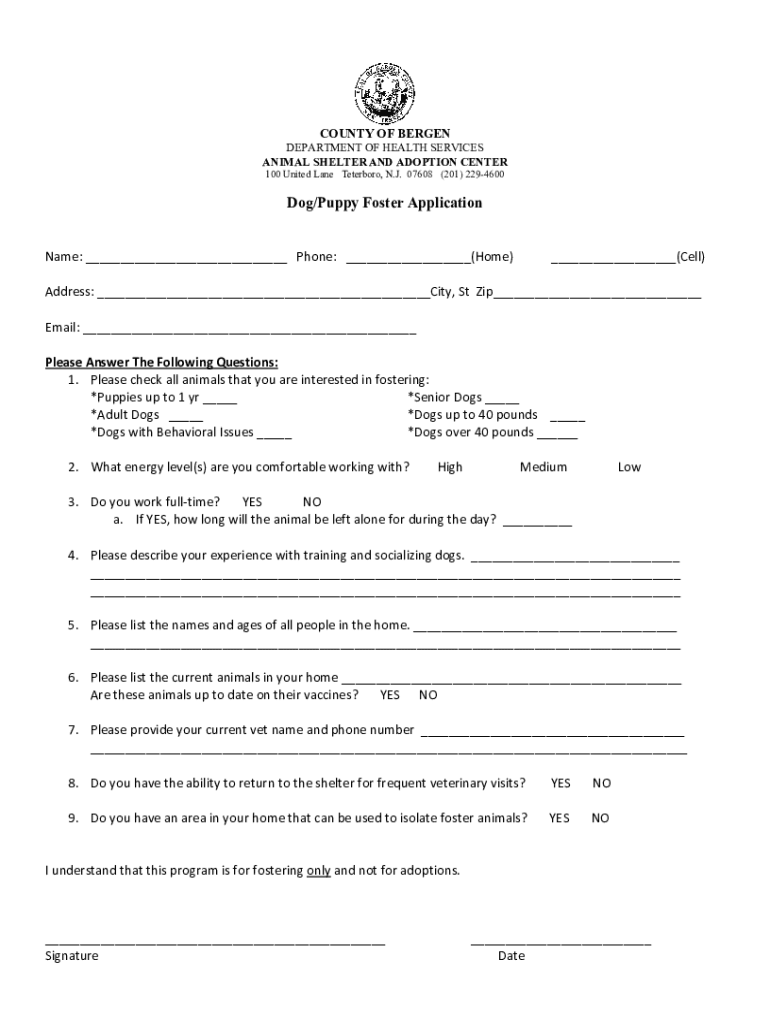 Fillable Online co bergen nj Dog/Puppy Foster Application - Bergen ...