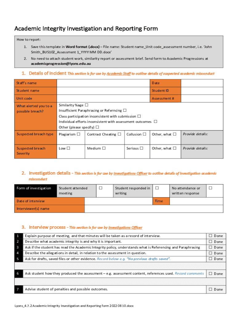 Fillable Online Academic Integrity Investigation and Reporting form Fax ...
