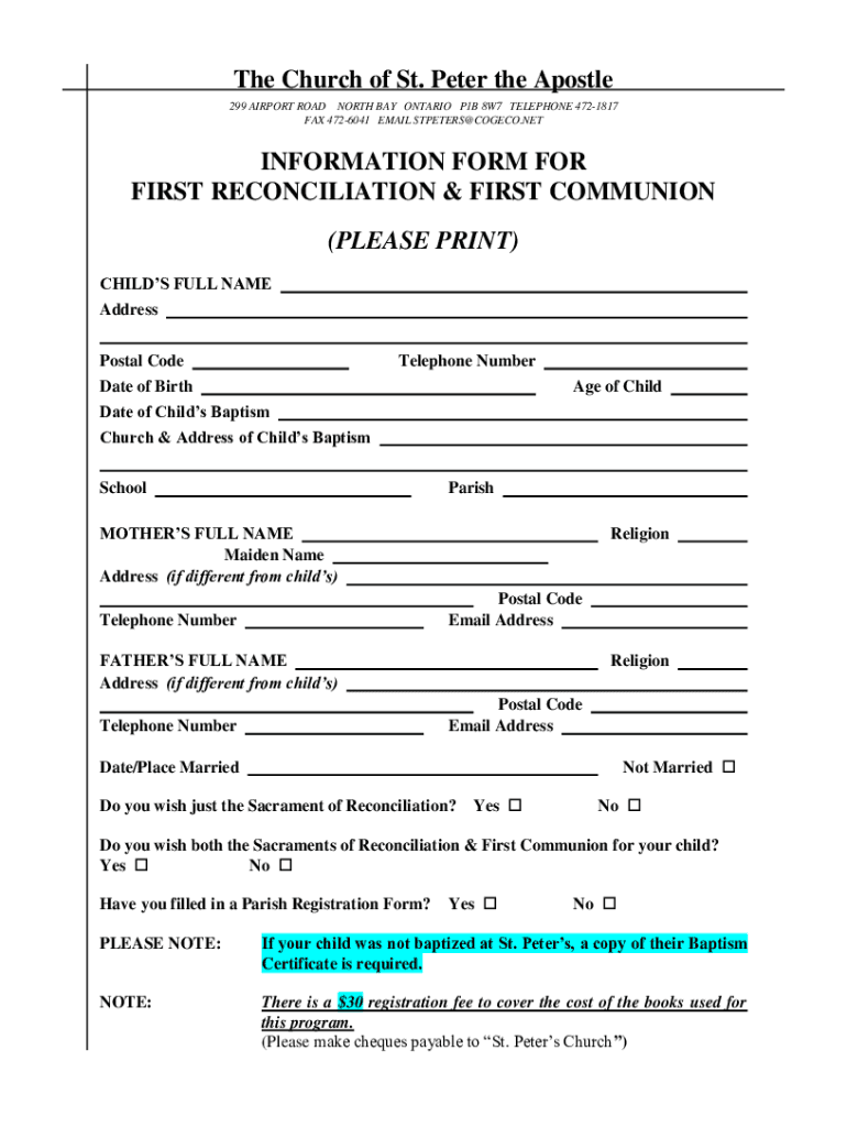 Fillable Online The Church of St. Peter the Apostle INFORMATION FORM ...