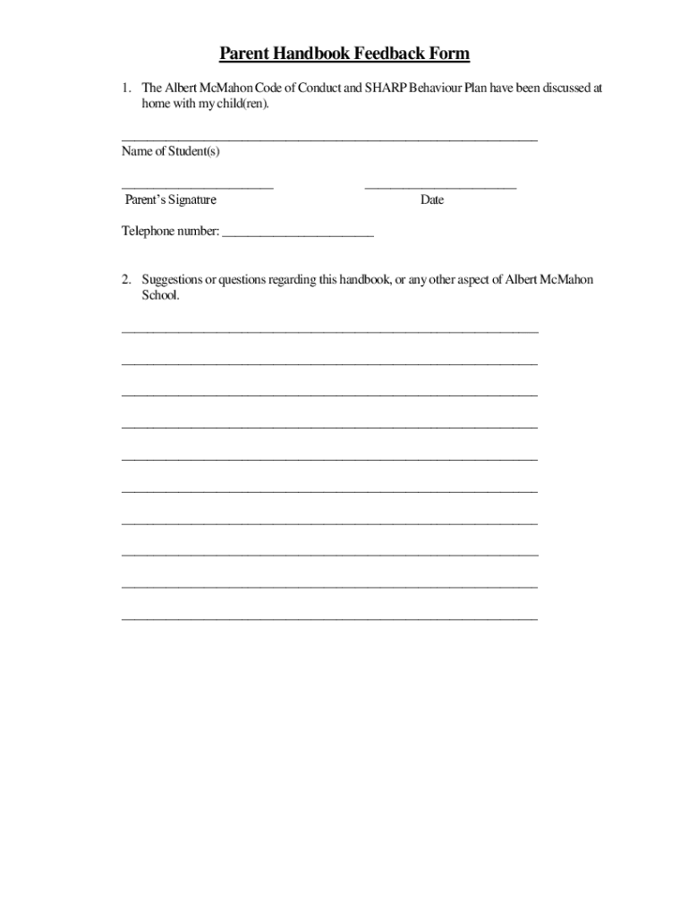 Fillable Online albertmcmahon mpsd Parent Handbook Feedback Form Fax Email Print - pdfFiller