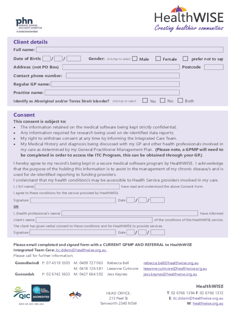 Fillable Online Integrated Team Care CLIENT REFERRAL AND CONSENT ...