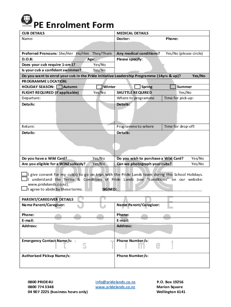 Fillable Online pridelands org PE Enrolment Form Fax Email Print ...