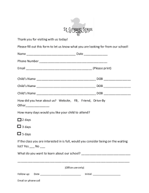 Fillable Online Thank you for visiting with us today! Please fill out this ... - St. Cuthbert ...