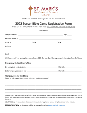 Fillable Online 2023 Soccer Bible Camp Registration Form - St. Mark's Fax Email Print - pdfFiller
