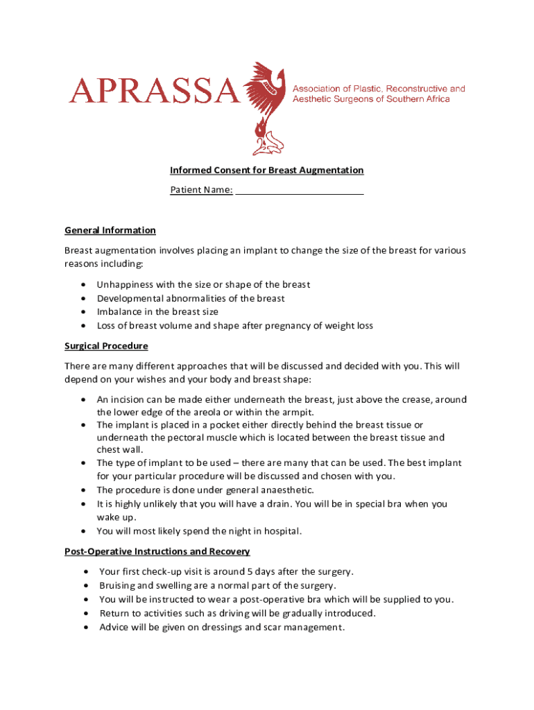 Fillable Online Informed Consent for Breast Augmentation Patient Name ...