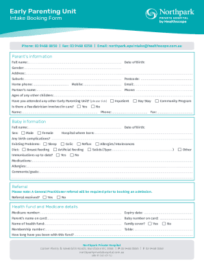 Fillable Online Early Parenting Unit - Intake Booking Form Fax Email ...