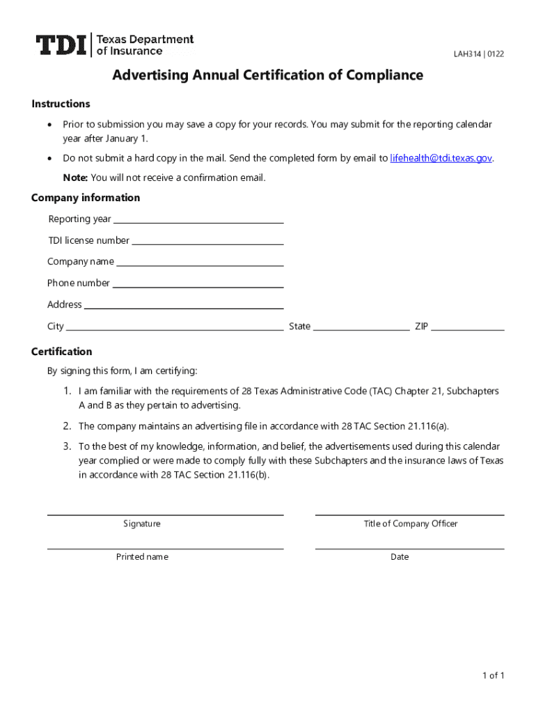 Fillable Online Certificate Of Compliance Of Advertising - Tdi Texas Fax Email Print - pdfFiller