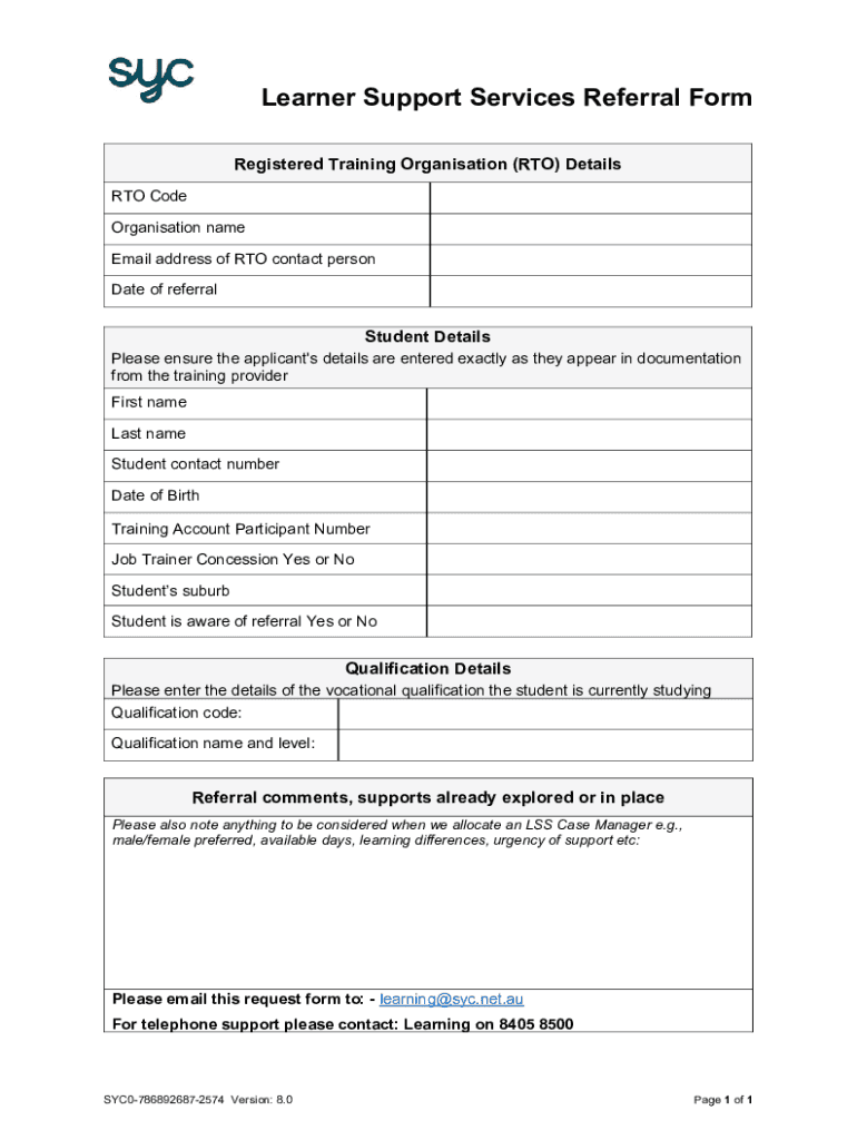Fillable Online LSS Referral Form. SYC- Foundation Skills Fax Email ...