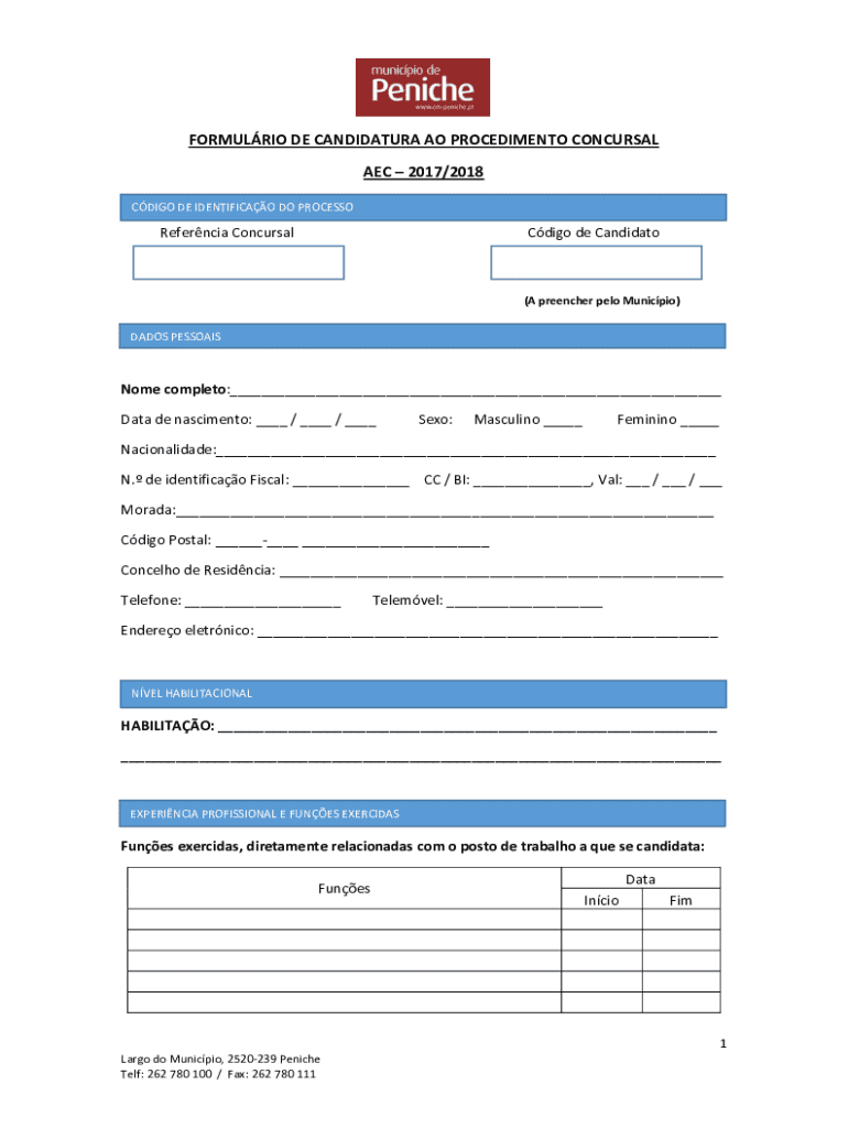 Preenchível Disponível Formulrio de Candidatura a Procedimento Concursal. ... Fax Email Imprimir ...