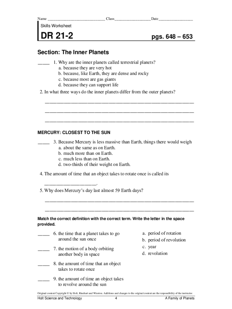 Fillable Online THE INNER PLANETS Worksheet Fax Email Print - pdfFiller