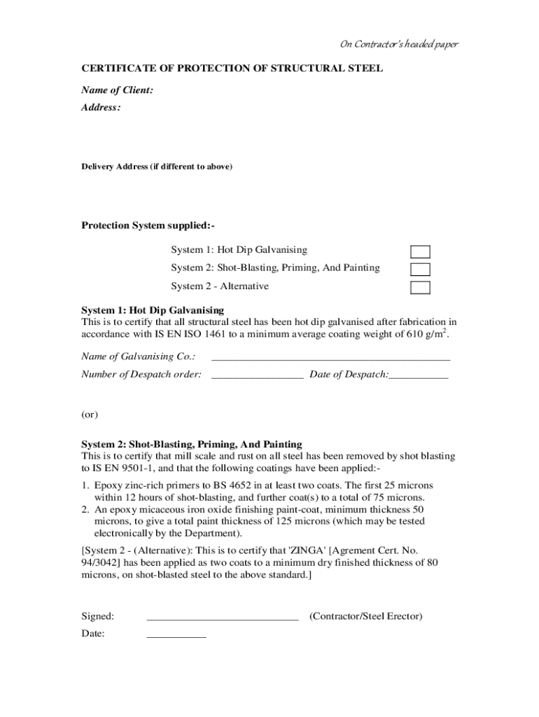 Fillable Online CERTIFICATE OF PROTECTION OF STRUCTURAL STEEL - FDS C ...