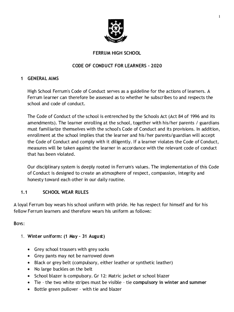 Fillable Online ferrum high school code of conduct for learners Fax ...