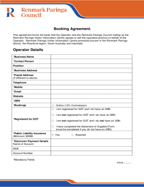 Fillable Online Booking Agreement Operator Details Fax Email Print ...