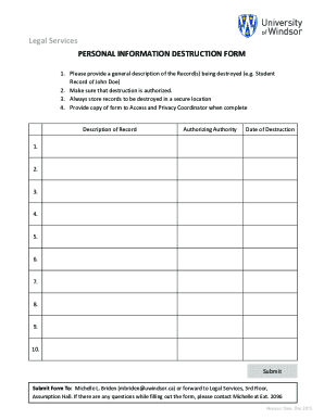 Fillable Online Legal Services PERSONAL INFORMATION DESTRUCTION FORM ...