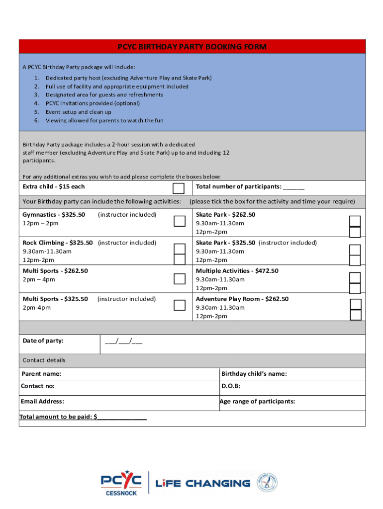 Fillable Online Birthday Party Packages - Tree Top Adventure's Fax Email Print - pdfFiller