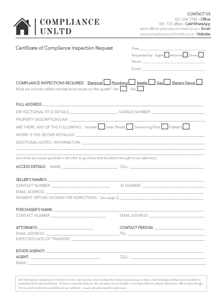 Fillable Online Certificate of Compliance Inspection Request Fax Email ...