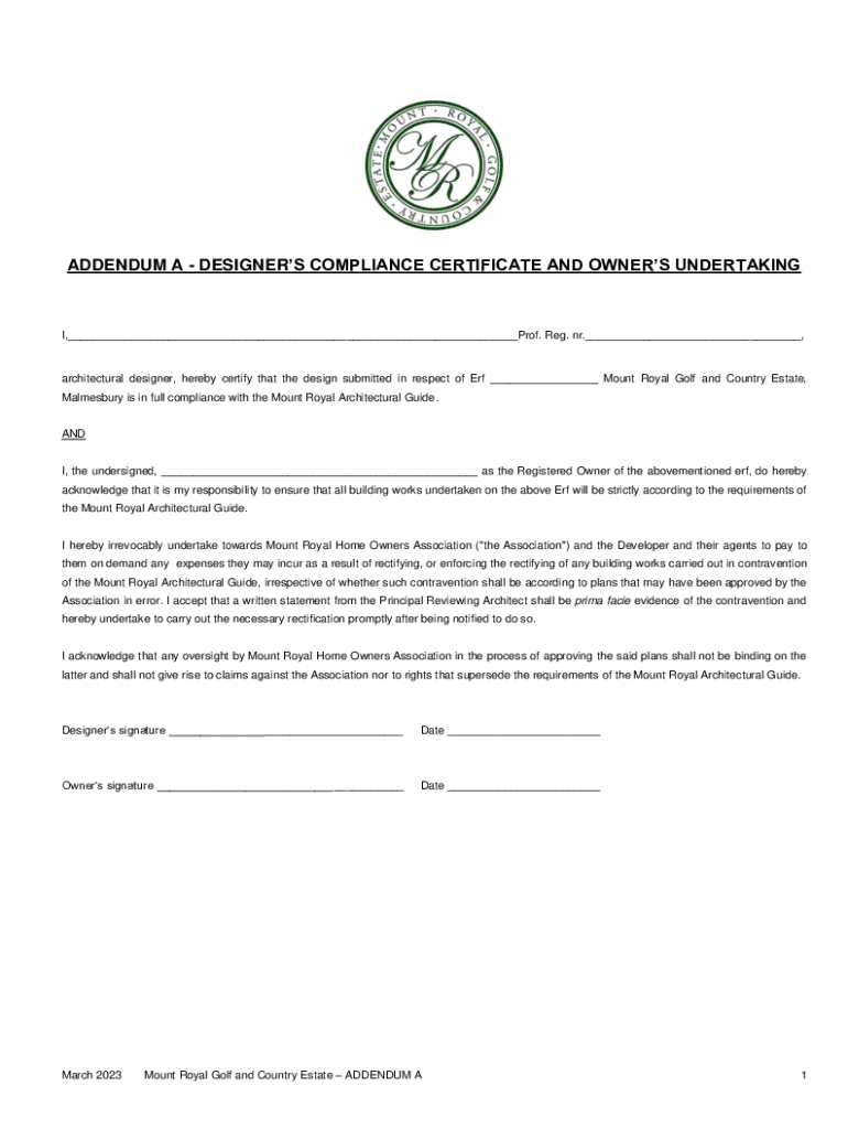 Fillable Online mountroyalestate co designer's compliance certificate ...