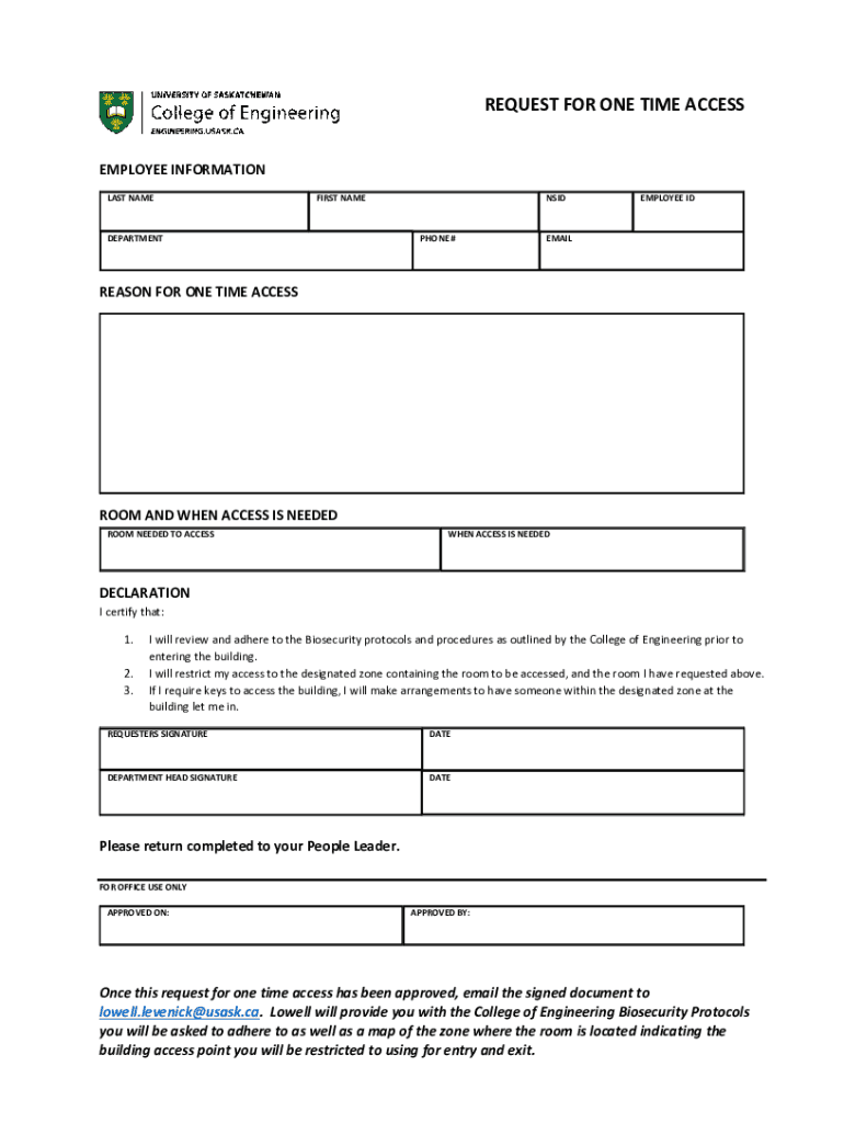 Fillable Online engineering usask ONE TIME ACCESS REQUEST FORM July ...