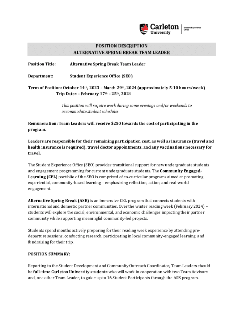 Fillable Online Alternative Spring Break Participant Department Fax Email Print - pdfFiller