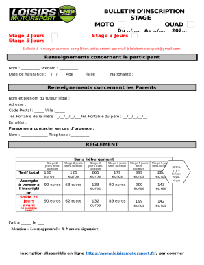 BULLETIN D'INSCRIPTION STAGE Doc Template | pdfFiller