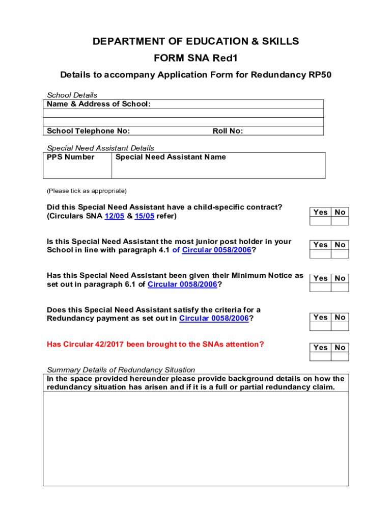 Fillable Online DEPARTMENT OF EDUCATION & SKILLS FORM SNA Red1 Fax ...