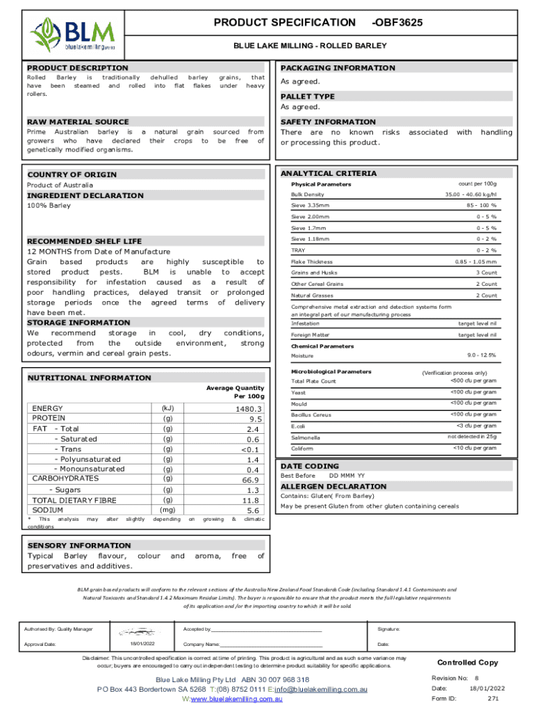 Fillable Online Rolled Barley Flakes 2 Pounds Non-GMO Bulk, Product of ... Fax Email Print ...
