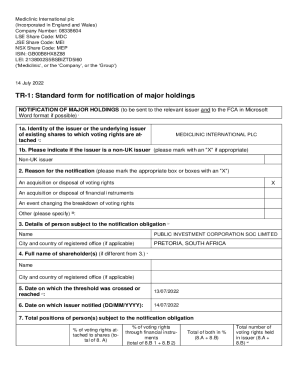 Fillable Online MEDICLINIC INTERNATIONAL PLC - TR-1: Standard form ...