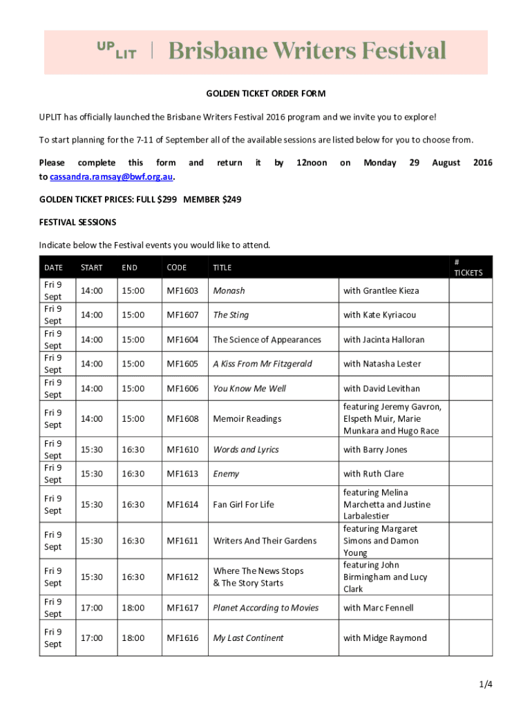 Fillable Online bwf org 1/4 GOLDEN TICKET ORDER FORM UPLIT has officially ... Fax Email Print ...