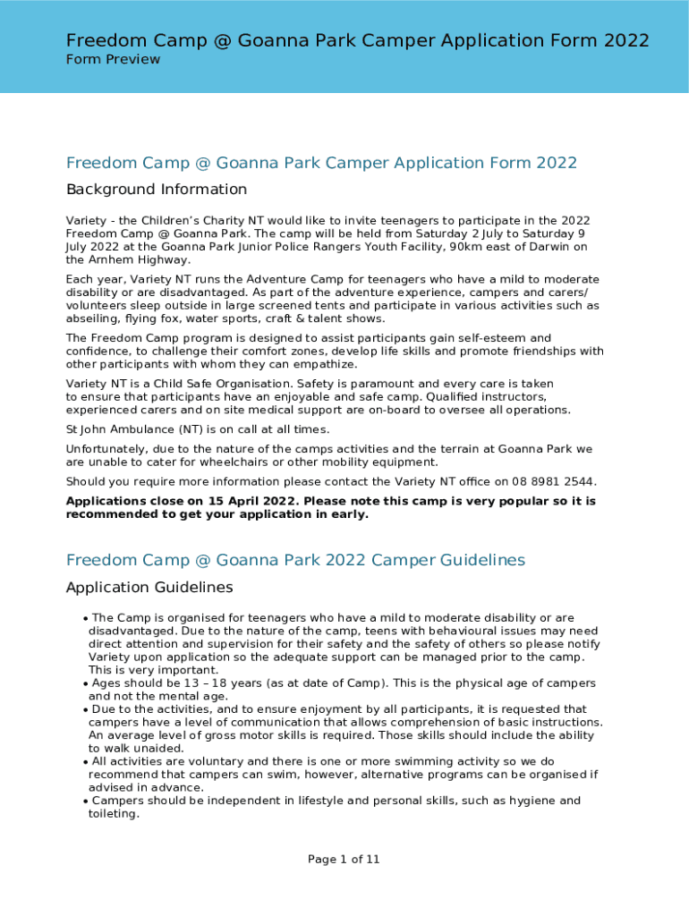 Fillable Online Freedom CampGoanna Park Camper Application Form ... Fax ...