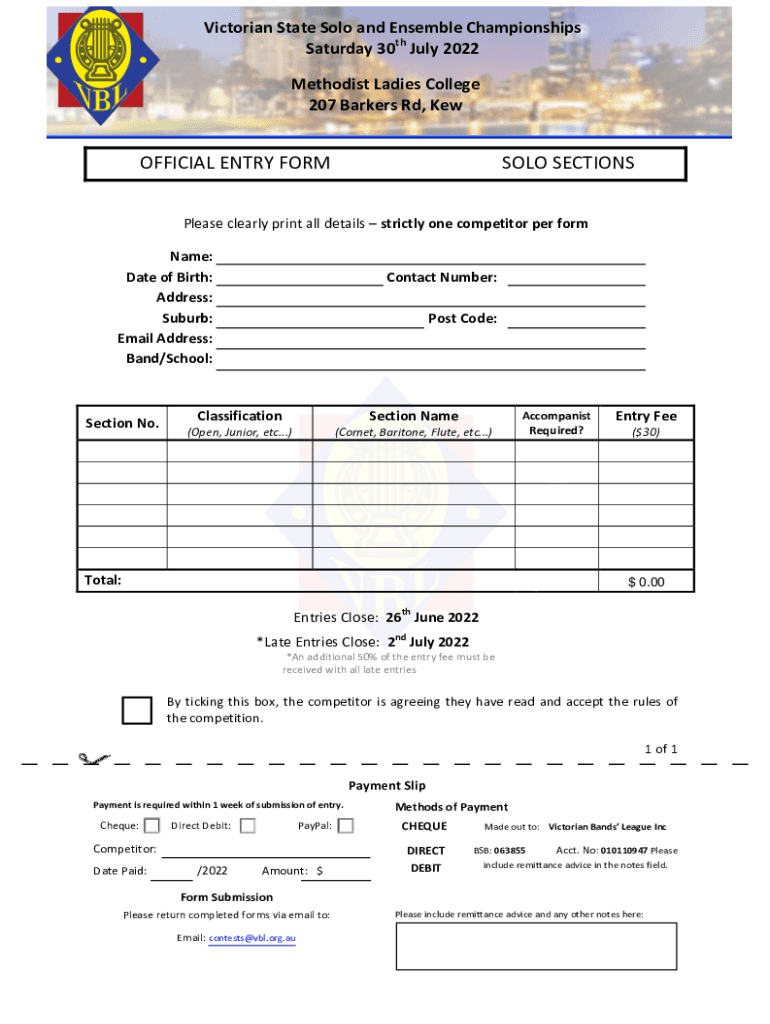 Fillable Online vbl org OFFICIAL ENTRY FORM SOLO SECTIONS Fax Email ...