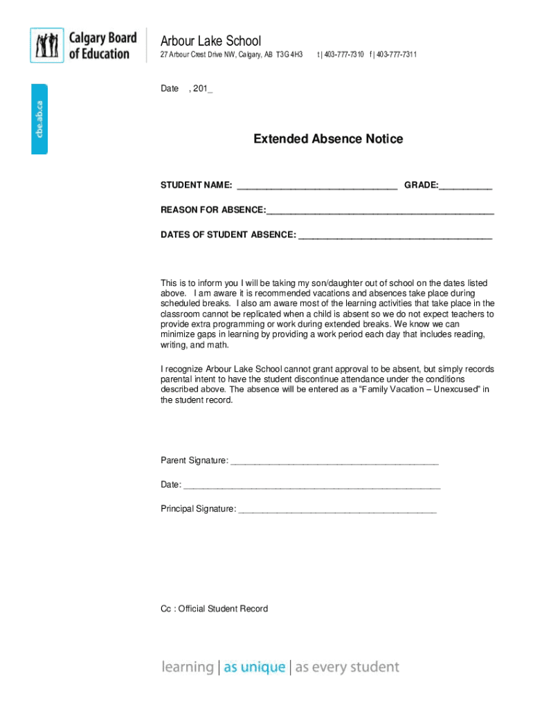 Fillable Online Attendance - Arbour Lake School - Calgary Board of ...