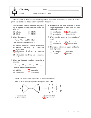 Fillable Online Organic Reactions Answer Key. Chemistry Regents Fax ...