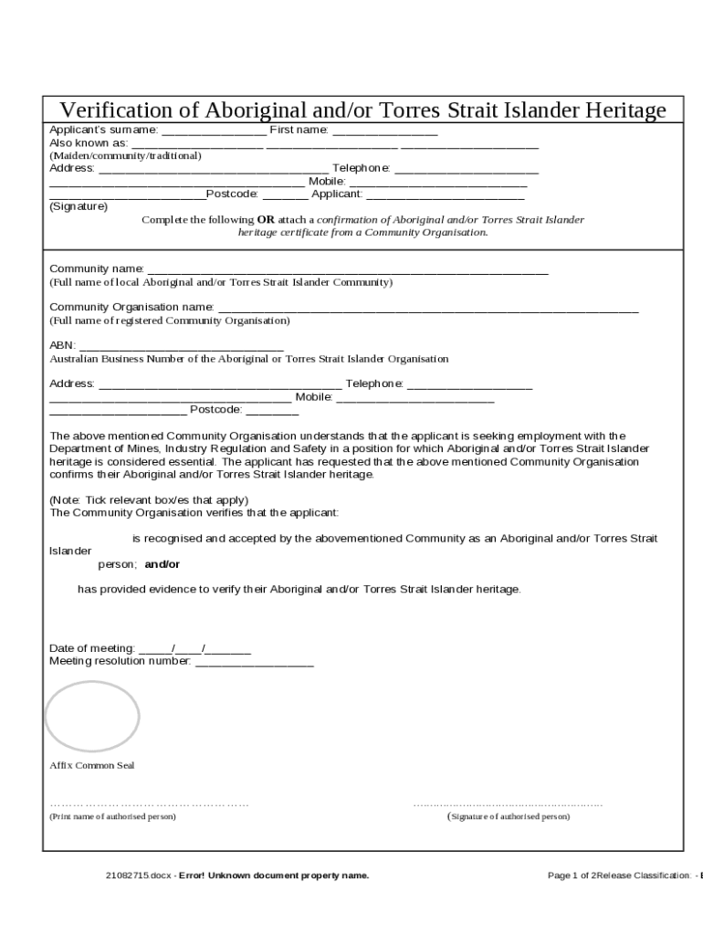 Fillable Online Verification of Aboriginal and/or Torres Strait ...