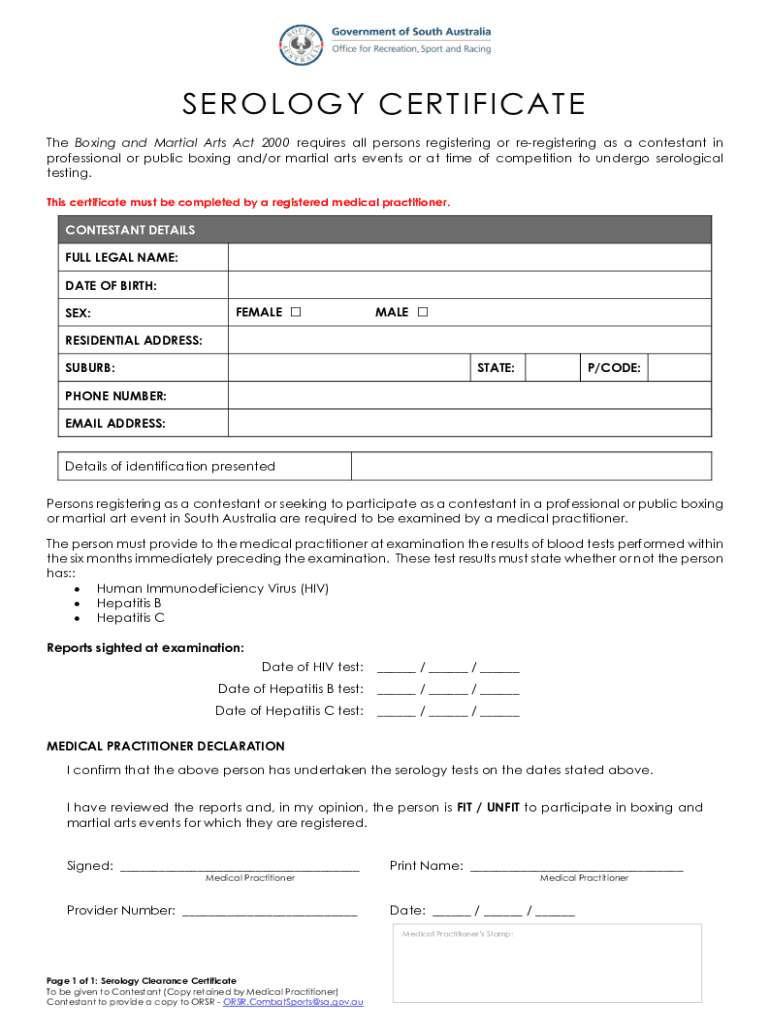 Fillable Online SEROLOGY CERTIFICATE Fax Email Print - pdfFiller
