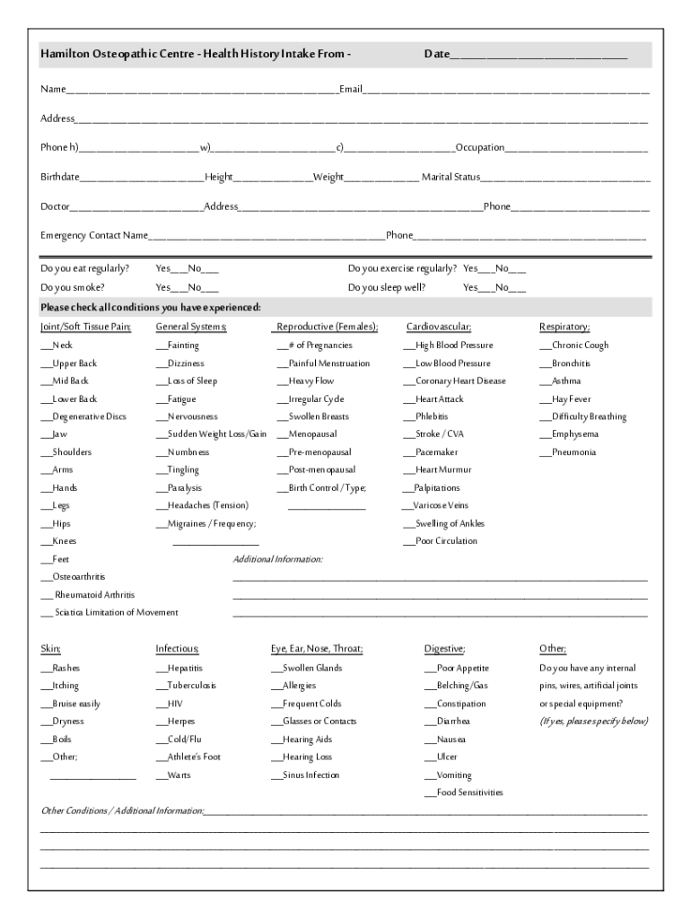 Fillable Online Hamilton Osteopathic Centre - Health History Intake ...