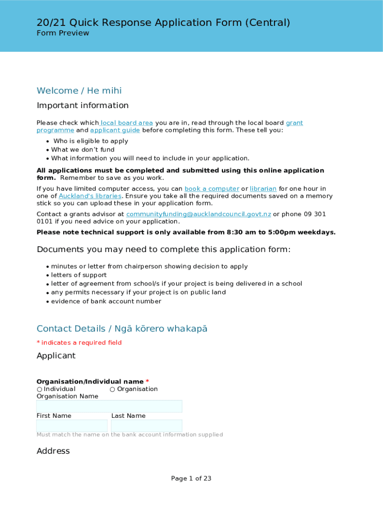 Fillable Online 20/21 Quick Response Application Form (Central) Fax Email Print - pdfFiller