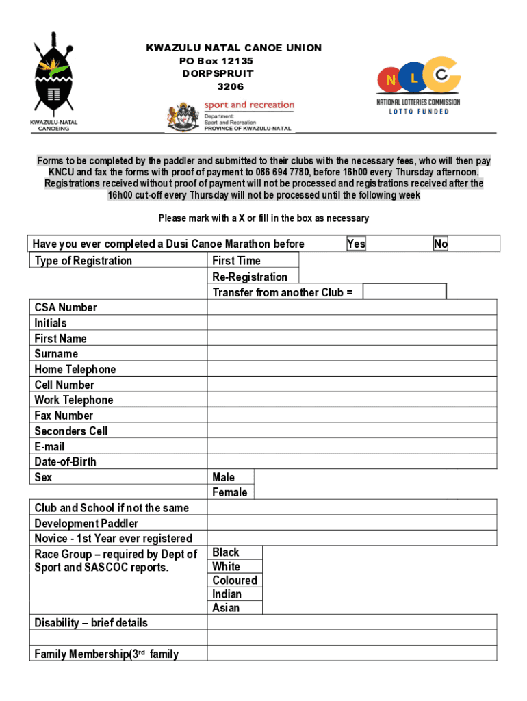 Fillable Online KWAZULU NATAL CANOE UNION REGISTRATION FORM ... Fax Email Print - pdfFiller