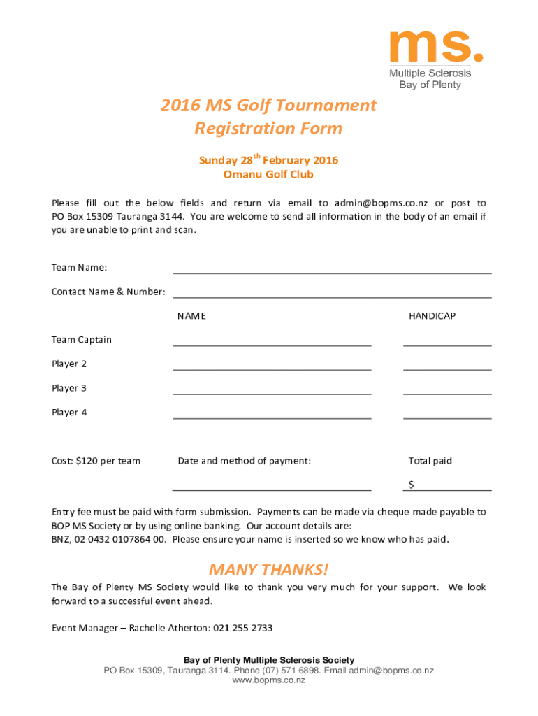 Fillable Online 2016 MS Golf Tournament Registration Form Fax Email ...